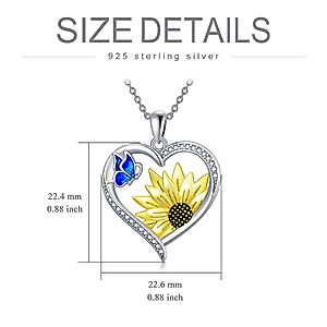 MBSUUH Sunflower Heart Necklace with Blue Butterfly Sterling Silver Sunflower Necklace for Women Teen Girls Mother's Day Jewelry Gifts