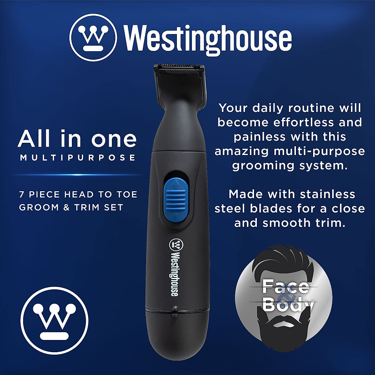 Westinghouse Men's All-in-One Beard Trimmer, Stainless Steel Dual Sided Blades, Adjustable Lengths, Includes Nose and Ear Trimmer Attachment, Portable and Travel Ready