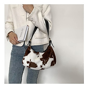 Women Fluffy Faux Fur Cow Print Shoulder Bag Clutch Purse Underarm Handbag Satchel Zipper Tote Bag Purse