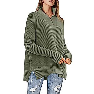 ANRABESS Womens 2023 Fall Oversized Zip Sweaters Long Sleeve V Neck Collar Casual Loose Baggy Ribbed Knit Pullover Quarter Zip Tunic Sweater with Slit B770kaqilv-L Dark Green