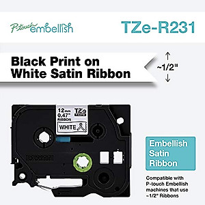 Brother P-touch Embellish Black Print on White Satin Ribbon TZER231 – ½” Wide x 13.1’ Long for use with P-touch Embellish Ribbon & Tape Printer