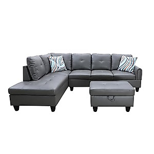 NOTOP 3-Piece Faux Leather L-Shaped Sectional Sofas, Button Tufted Upholstered Couch Set with Left Chaise Longue and Storage Ottoman, for Living Room, Home, Office, Dark Grey