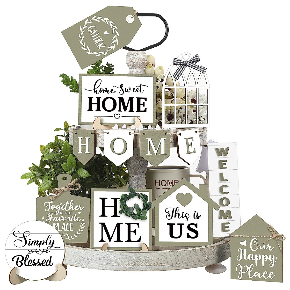Purpeak 13 Farmhouse Tiered Tray Decor Set Sweet Home Tiered Tray Decorations Home Rustic Wooden Signs Decorative Farmhouse Kitchen Table Decor for Dining Room Country Summer Shelf Centerpiece Gift