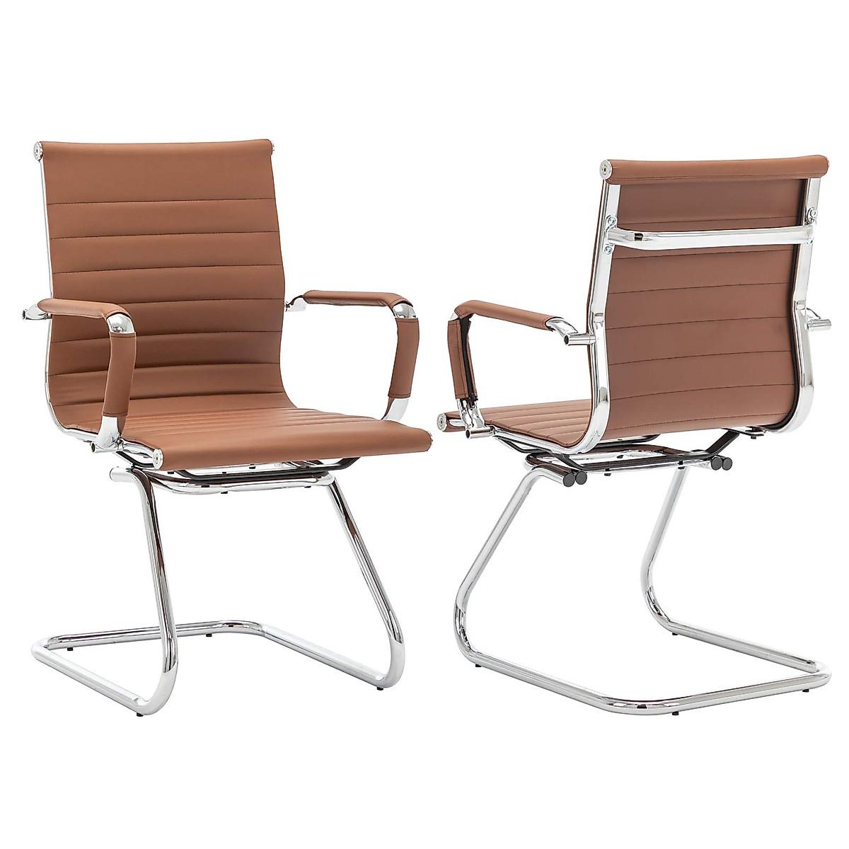 Guyou Office Reception Guest Chair Mid Back PU Leather Metal Leg Sled Base Conference Reception Room Chairs with Arms (Coffee, 2 PCS)