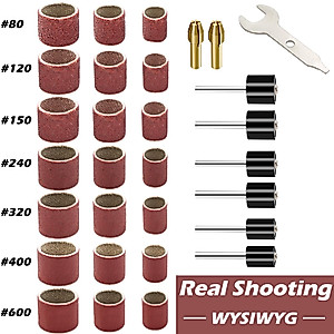 Sunxeke 531 Pcs Sanding Drum Set, Drum Sander Sleeves 80/120/240/320/400/600 Grit Each of 24 Pcs, 24Pcs Drum Mandrels diameters, 2Pcs Self-Tightening Drill Chuck, Wrench 1Pc, Dremel Rotary Tool