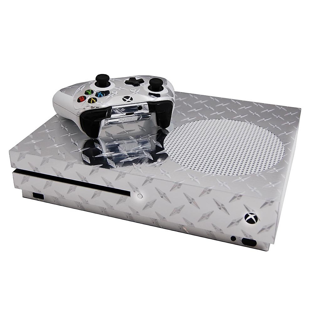 Silver Diamond Plate Mirror - Vinyl Decal Mod Skin Kit by System Skins - Compatible with Microsoft Xbox One Slim (XB1 Slim)