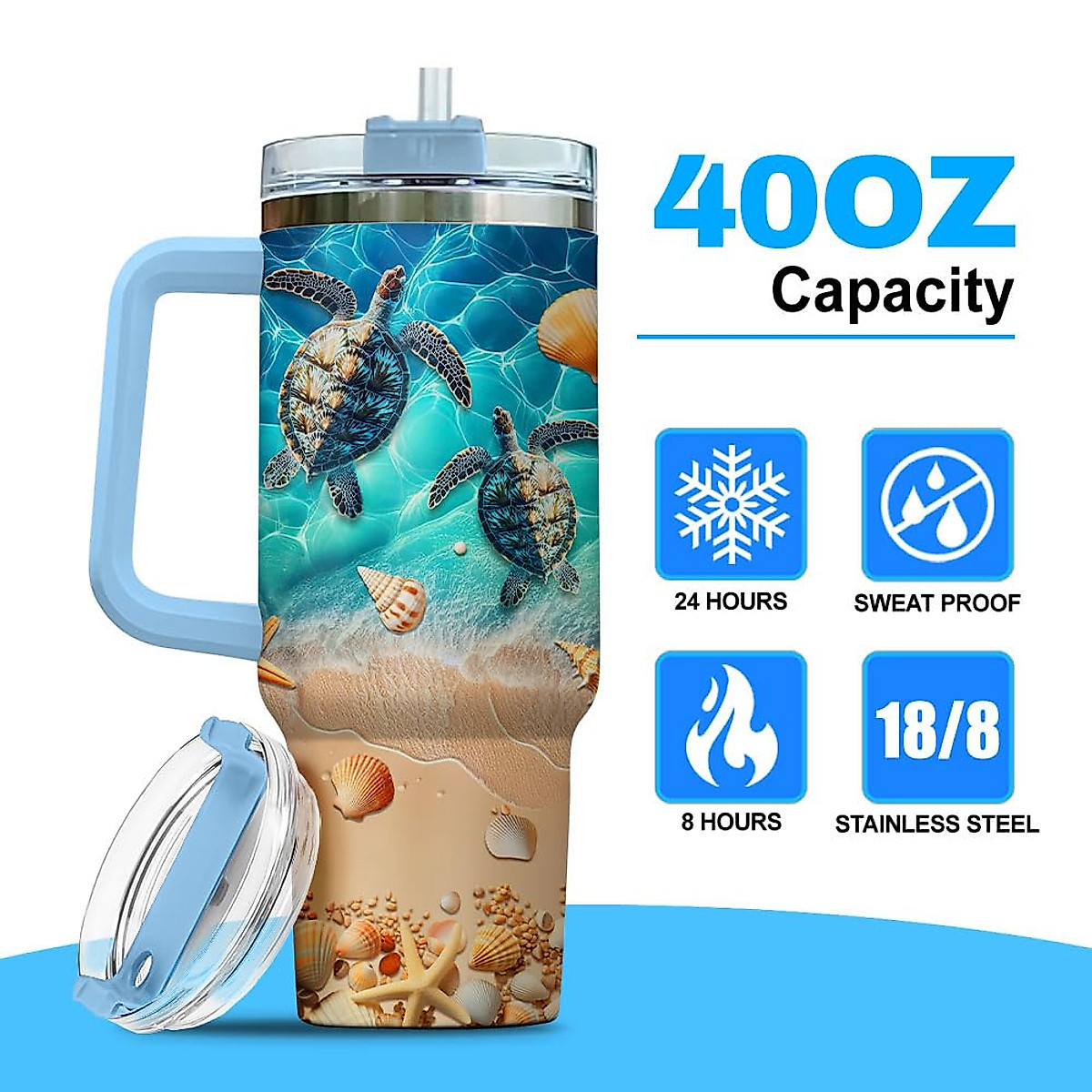99OWL Tumblers For Blue Royal Women Light Handle Straws Navy Insulated Myrtle Summer, Beach Gifts, Tumbler 40 Oz With Handle Lid And Straw, Beach Soul Sea Turtle