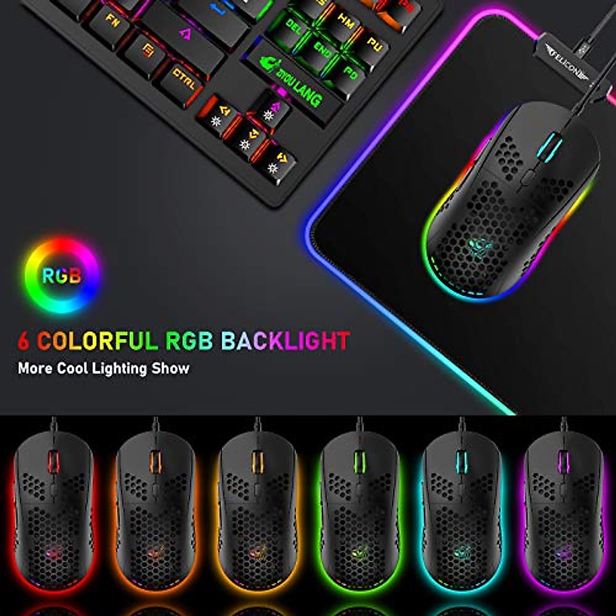 60% Wired Mechanical Gaming Keyboard and Mouse Combo,Ultra-Compact Mini 62 Keys,Type C Chroma 20 Rainbow Backlit Effects,RGB Backlit 6400 DPI Lightweight Gaming Mouse with Honeycomb Shell for PC/Mac