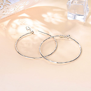 Hoop Earrings 925 Sterling Silver Post for Women 18K White Gold Plated Lightweight Hypoallergenic Diamond Cut Textured Round Hoop Earrings Thin Large Hoops Loop Earrings Size 50mm