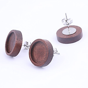 50pcs Wood Stud Earrings Bezel Blanks 12mm Cabochon Wooden Base Setting DIY Stainless Steel Ear Posts Findings with Backings