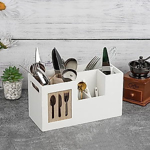 CBEYNCHOS Wooden Utensil Holder Cutlery Caddy,Flatware Organizers for Forks Spoons Knives Cooking Tools,Large Capacity,Kitchen Table Decor for Party Bar and Home use (Simple White A)