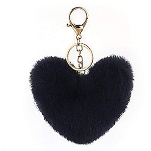 Unpafcxddyig Pom Poms Keychains Fluffy Heart Shape Pompoms Keyring Faux Rabbit Fur Key Chain for Car Bag Charm,Navy blue