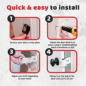 TheDoorLatch Cat Door Strap and Latch, Sturdy Door Holder for Keeping Dogs and Kids Out of Rooms, Litter Boxes, and Food, White Powder Coated Cat Door Latch, 3.5 to 4.5 Inches Opening