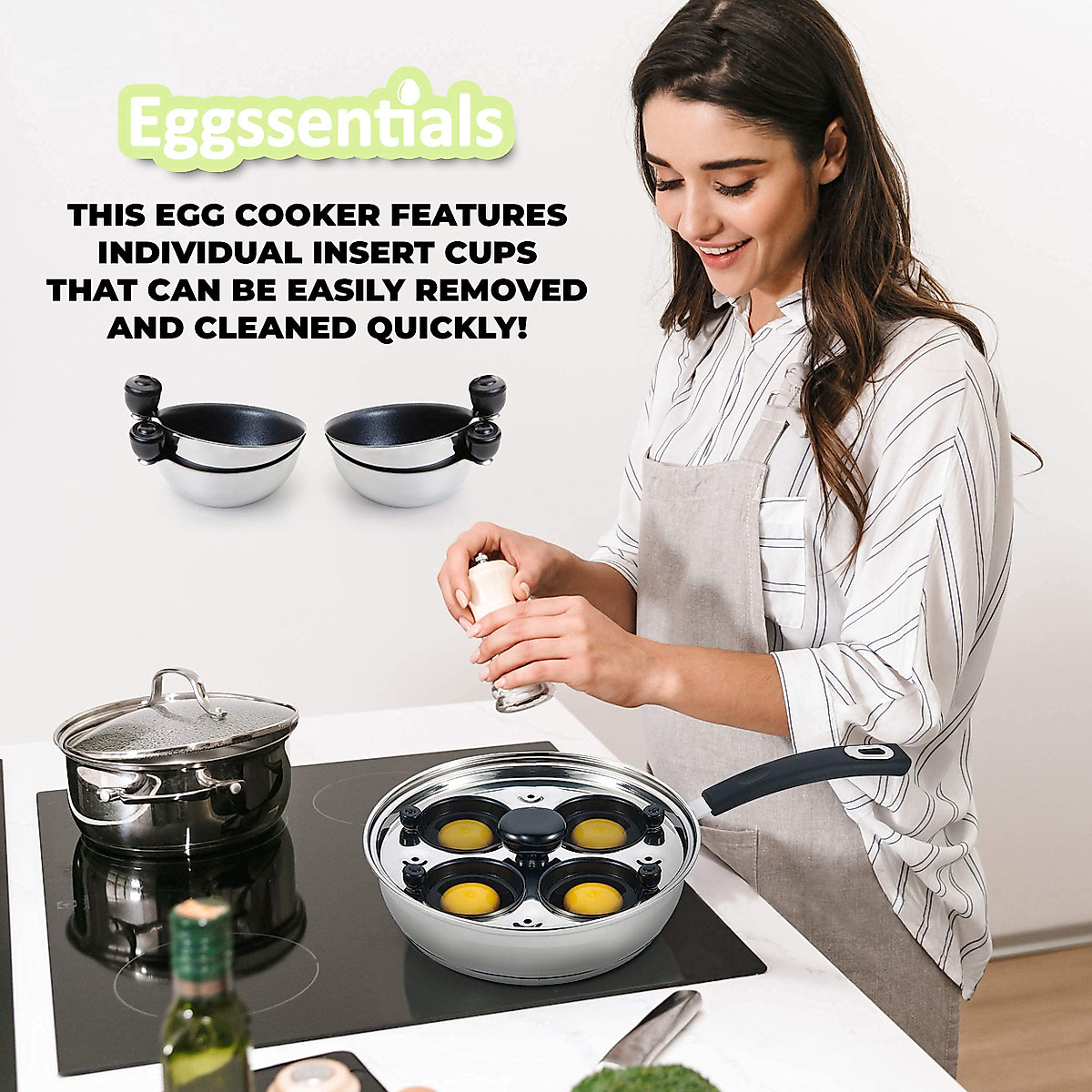Eggssentials Egg Poacher Pan Nonstick Poached Egg Maker, Stainless Steel Egg Poaching Pan, Poached Eggs Cooker Food Grade Safe PFOA Free with Spatula, Egg Poachers Cookware - 4 Poaching Cups