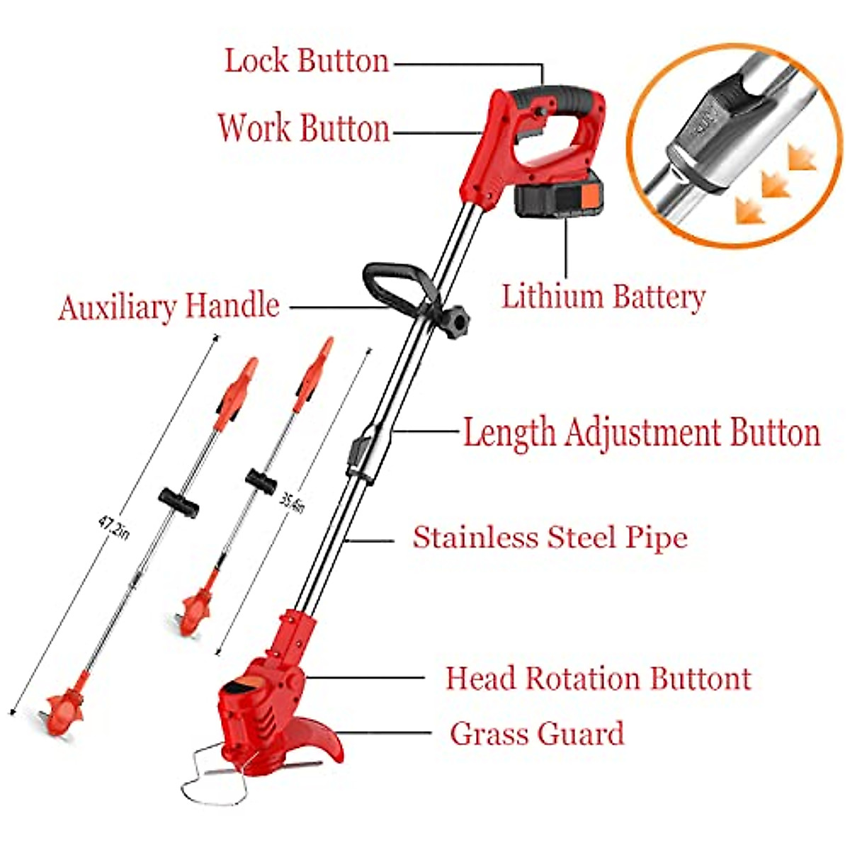 Weed Wacker Cordless Grass Trimmer Electric Weed 90~120cm Retractable, 3 Kinds of Adjustable Blades, 24v Electric Cordless Garden Trimmer with Battery and Charger for Garden (RED)