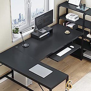 SEDETA  L Shaped Computer Desk, 63'' Corner Gaming Desk, Computer Desk with Storage Shelves, Keyboard Tray, Monitor Stand and Headphone Hook, Corner Gaming Desk with LED Lights, Black