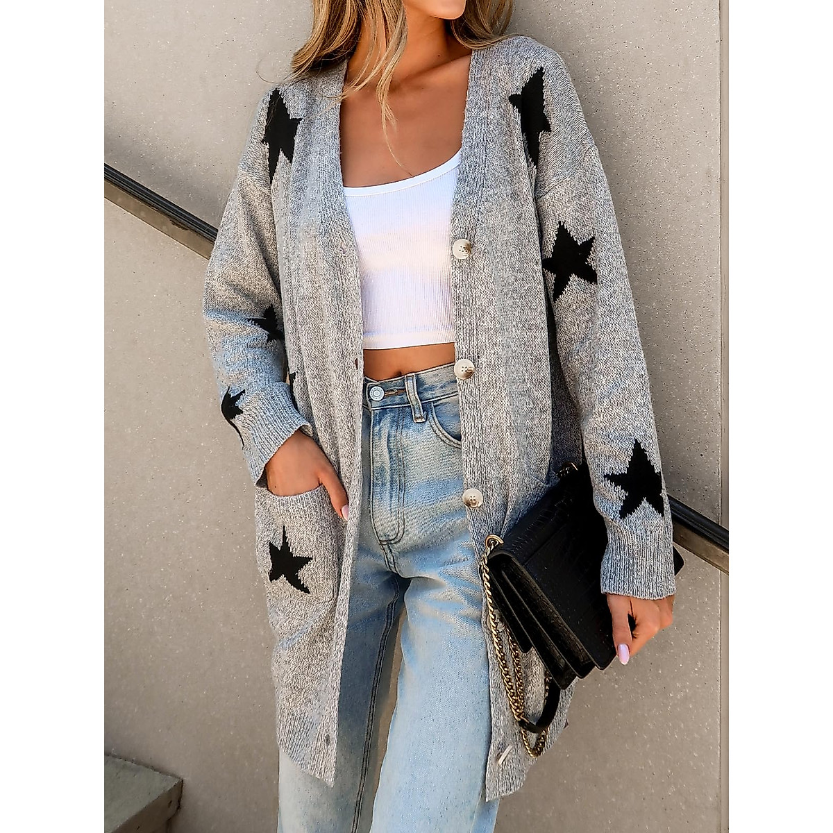 CUPSHE Womens 2024 Fall Open Front Long Sleeve Star Print Knit Cardigan Sweaters Outwear with Pockets Grey, XL