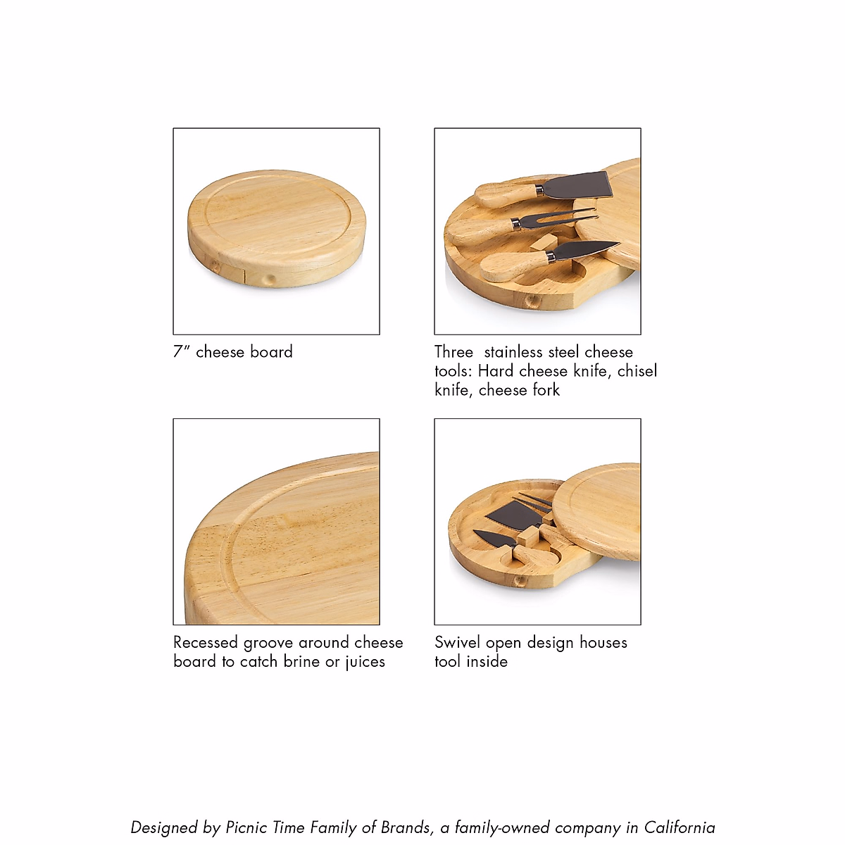 PICNIC TIME Circo Brie Cheese Knife, Charcuterie, Wood Cutting Board, 7.5" Diameter - 4 Piece Set, Parawood