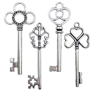 40 pcs Large Antique Silver Steampunk Vintage Skeleton Keys for DIY Wedding Party Gifts Jewelry Necklace Pendants Decoration (4 Different Style x 10)