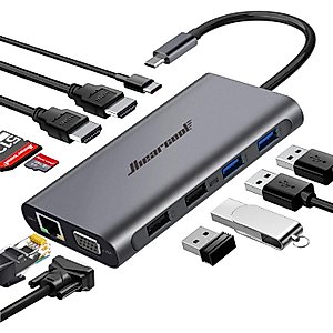 Hiearcool USB C Hub, USB-C Laptop Docking Station, 11IN1 Triple Display Type C Adapter Compatible for Dell Hp Lenovo Windows (2HDMI VGA PD3.0 SD TF Card Reader Gigabit Ethernet 4USB Ports)
