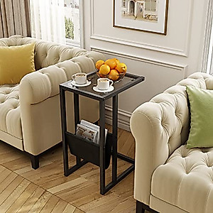 Gewudraw Side Table End Table, C Shaped End Table, Narrow Side Table Sofa Couch Table Black Metal Glass End Table with Storage Bag for Bedroom, Living Room, Office and Small Spaces
