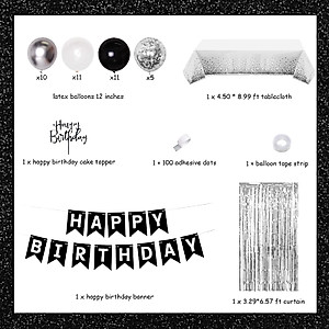 Black White Birthday Party Decorations for Him Her Silver Tablecloth Fringe Curtain Happy Birthday Party Table Supplies Balloon Garland Arch Kit Happy Birthday Banner Black Cake Topper for Men Women