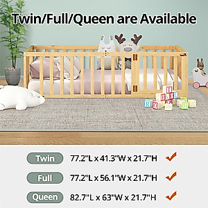 TURRIDU Queen Size Montessori Floor Bed, Multifunctional Wood Bed Frame with Fence & Door for Children Boys Girls Bedroom Living Room, Without Slat & Unlimited Weight, Natural