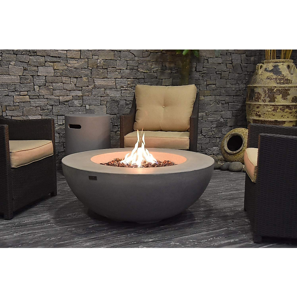 AMS Fireplace Elementi Lunar Bowl Cast Concrete Fire Table, Outdoor Fire Pit Fire TablePatio Furniture, Stainless Steel Burner, Canvas Cover and Lava Rock Included, Free Wind Guard (Natural Gas)