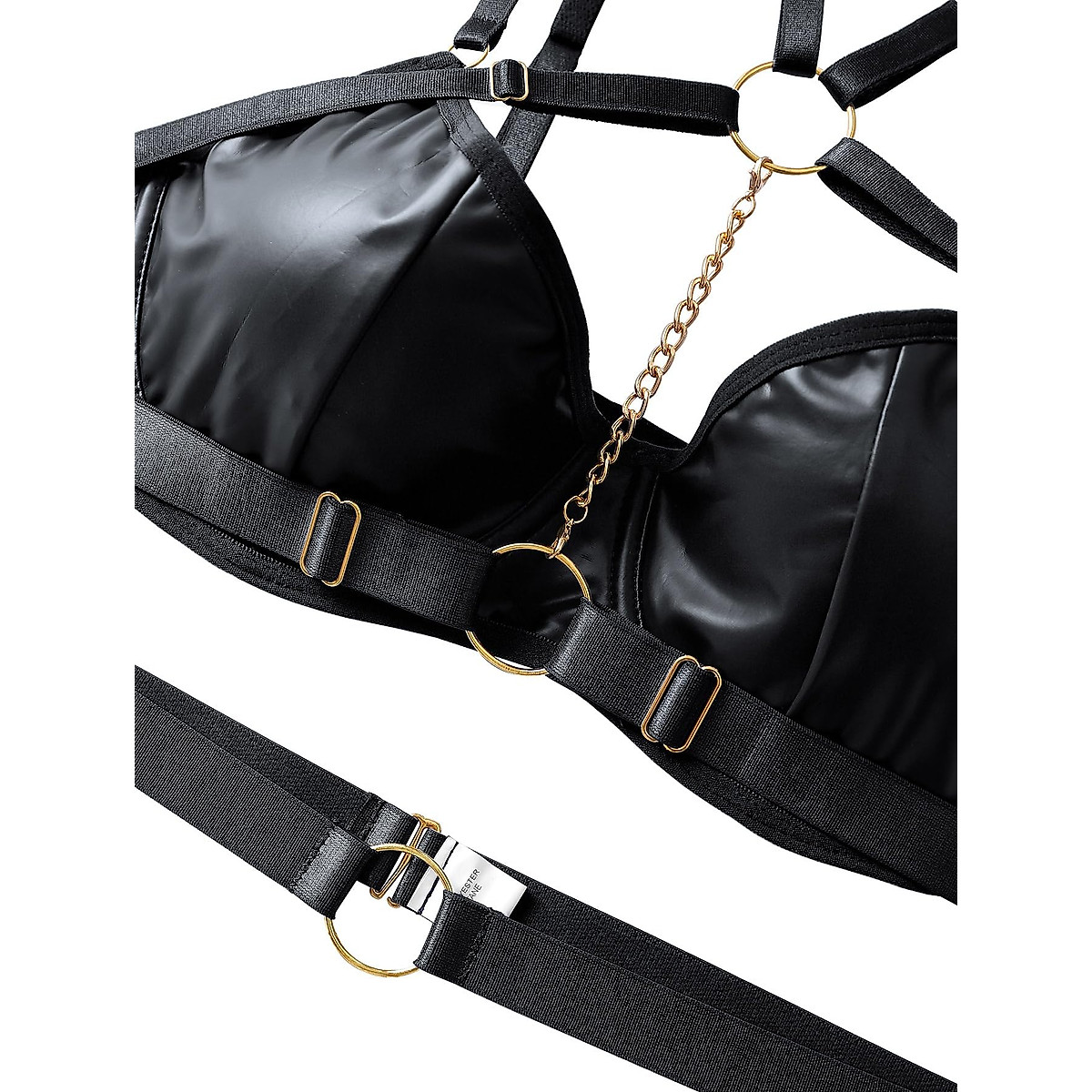 Lilosy Women Sexy Chain Strappy Underwire O Ring Push Up Garter Belt Chocker Lingerie Set Latex Harness Bra and Panty 3 Piece Leather Black Medium