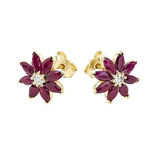 Exotic 14k Yellow Gold Daisy Diamond and Genuine Ruby Flower Stud Earrings
