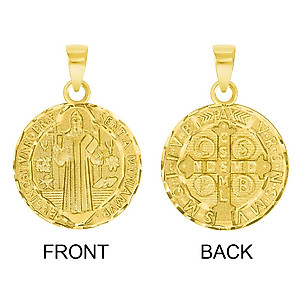 Jewelry America Solid 14k Yellow Gold Round Shaped St. Benedict Medallion Charm Pendant with Cable Chain Necklace, 20"