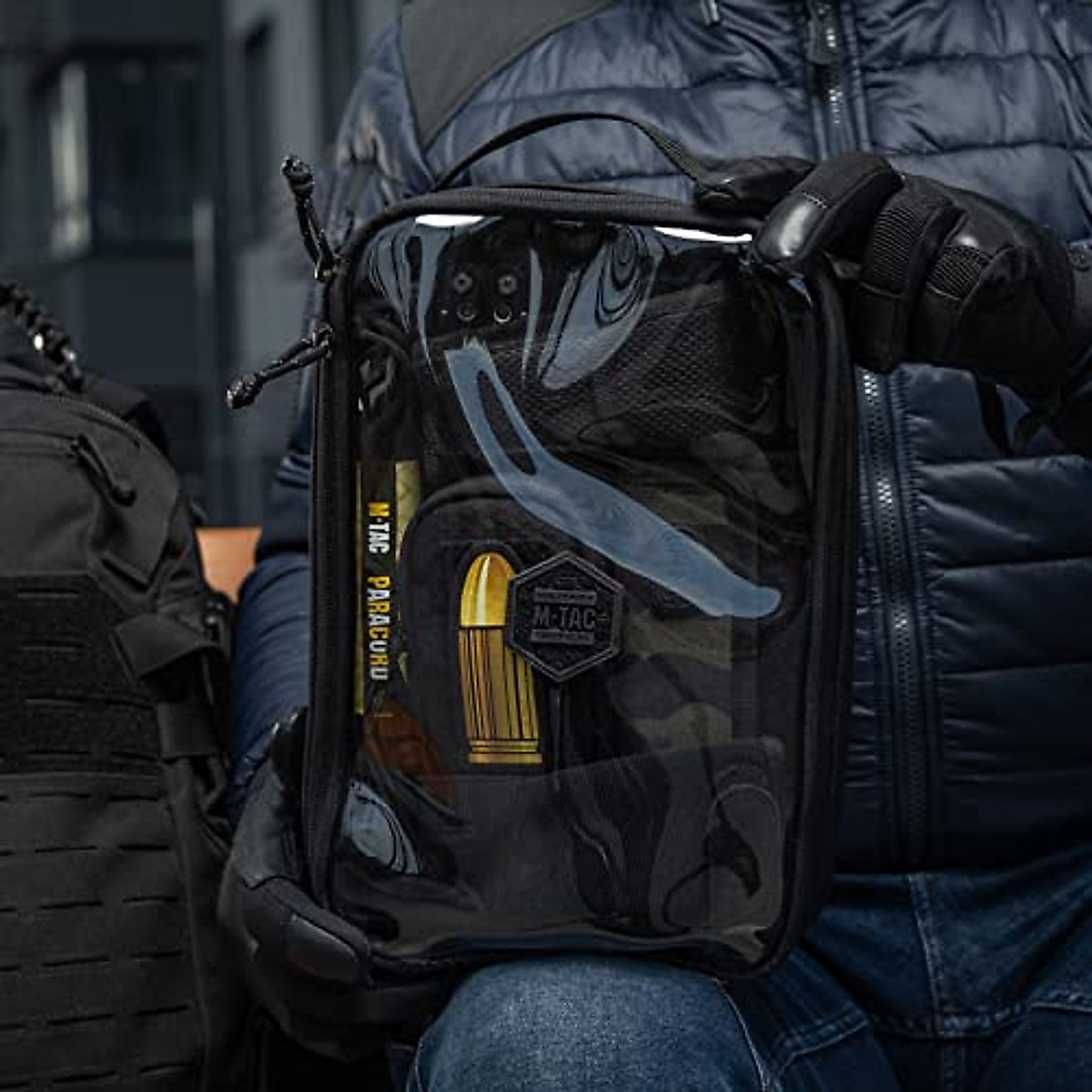 M-Tac Elite Bag Organizer Transparent Large Gen.II - Tactical Clear Durable Pouch with Zipper, Handle and Nylon Mesh Bottom (11.8 x 7.5 inches, Black)