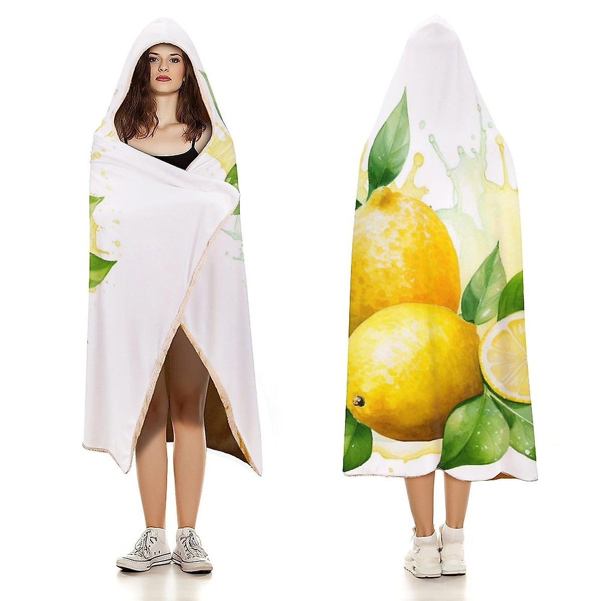 Watercolor Lemon Fruit Hooded Blanket Summer Fresh Fruit Big Hug Fleece Hooded Blanket for Adult And Kids Women Men Hooded Blanket for Couch Travel 40"x50" Soft Wearable Blanket Hooded Throw