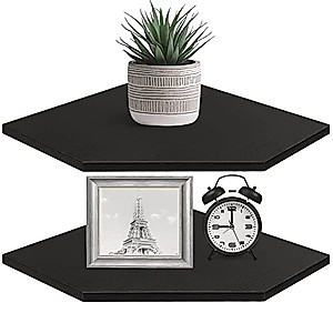 Homode Corner Shelf Wall Mount, Set of 2 Corner Floating Shelves with Wire Hole for TV, Cable Box, Wood Hanging Storage Shelf Organizer for Bathroom Kitchen Living Room Bedroom, Black