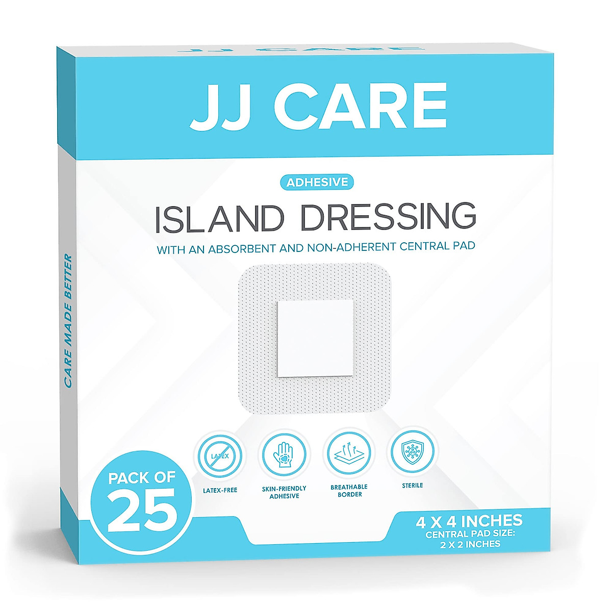 JJ CARE Adhesive Island Dressing [Pack of 25], 4x4 Sterile Bordered Gauze Dressing, Breathable, Individually Wrapped Island Wound Bandages with Highly Absorbent Non-Stick Center Pad