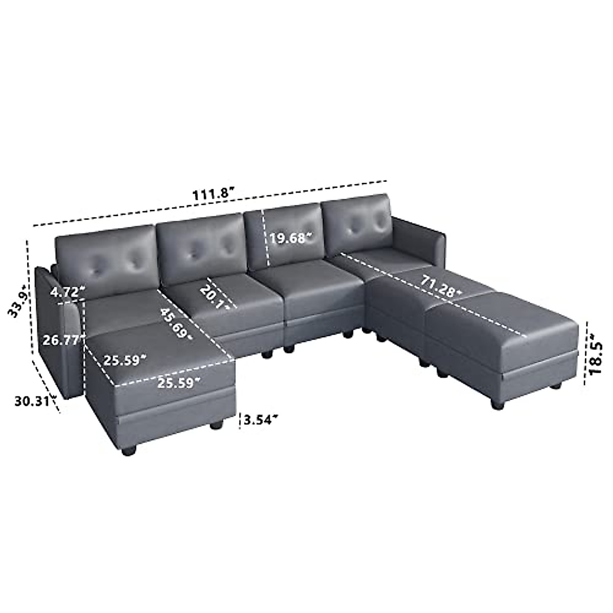 LLappuil Modular Sectional Sofa with Reversible Chaise, Faux Leather Fabric 7 Seater Modular Sofa with Storage, Convertible U Shape Sectional Couch with Ottomans, Dark Grey