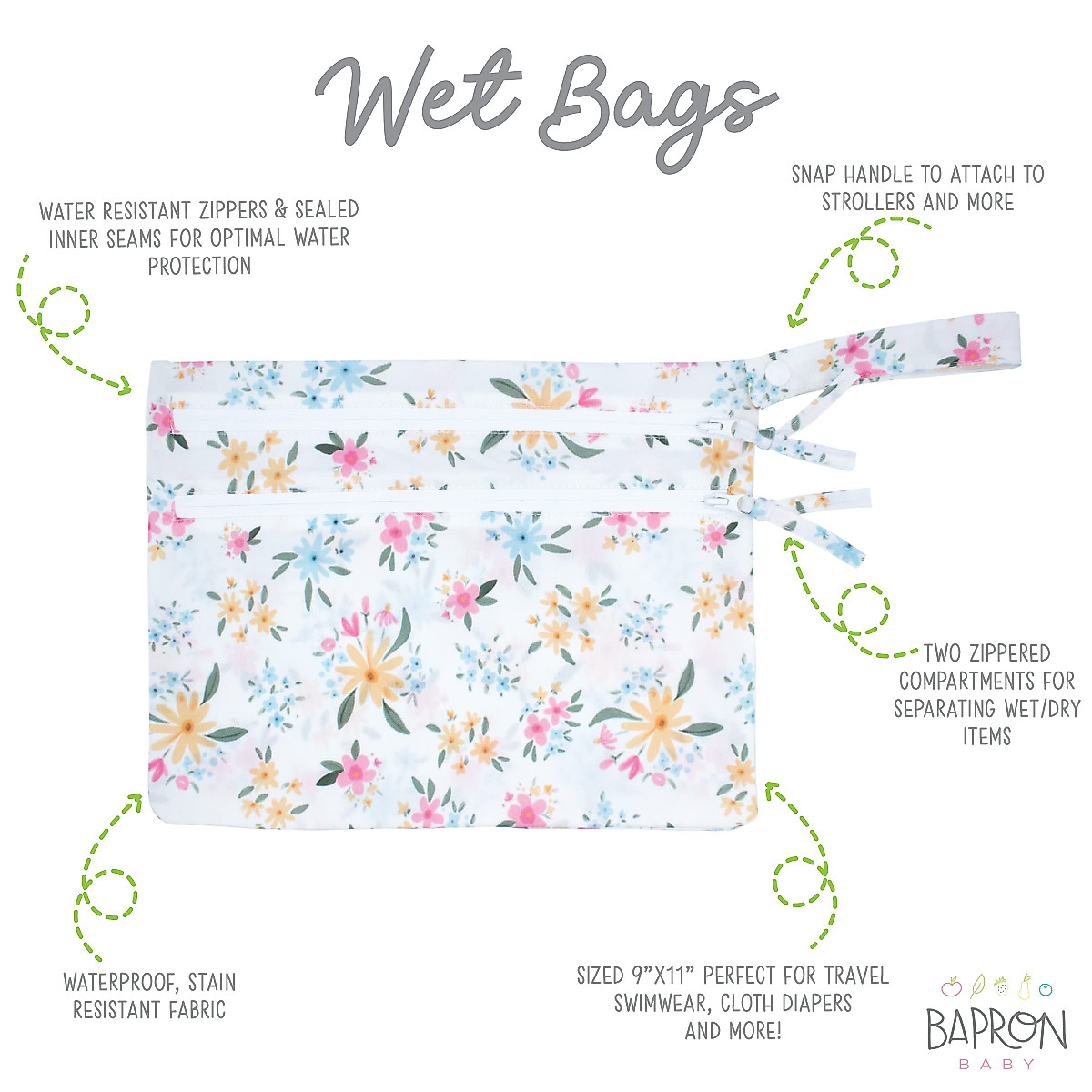 BapronBaby Pastel Floral Wet Dry Bag - Waterproof Two Zipper Pockets - Reusable for Mealtime, Diapers, Stroller, Snacks, Swimsuits - Machine Washable - 11" x 9"