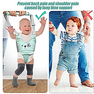 Panitay Handheld Baby Walking Harness Adjustable Toddler Walking Assistant Baby Walker Assistant Belt with 4 Pairs Baby Knee Pads for Crawling 4 Pairs Non Slip Toddler Socks Grips, 7-24 Months Old