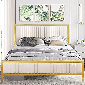 Queen Platform Bed Frame, Velvet Upholstered Bed Frame Queen Size, Golden Metal Bed Frame with Headboard and Footboard, Wooden Slat Support/Mattress Foundation/No Box Spring Needed, Golden/Beige