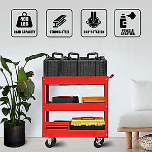 BIG RED 3-Tier Service Cart 400 lbs capacity metal cart on wheels For Garage Warehouse Workshop Use Stainless Steel Utility Cart,APTC302R,Torin