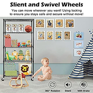 WDT 5-Shelf Shelving Storage Units on Wheels Casters, Adjustable Heavy Duty Metal Shelf Wire Storage Rack for Home Office Garage Kitchen Bathroom Metal Rack (16”Wx36”Dx75”H), Black