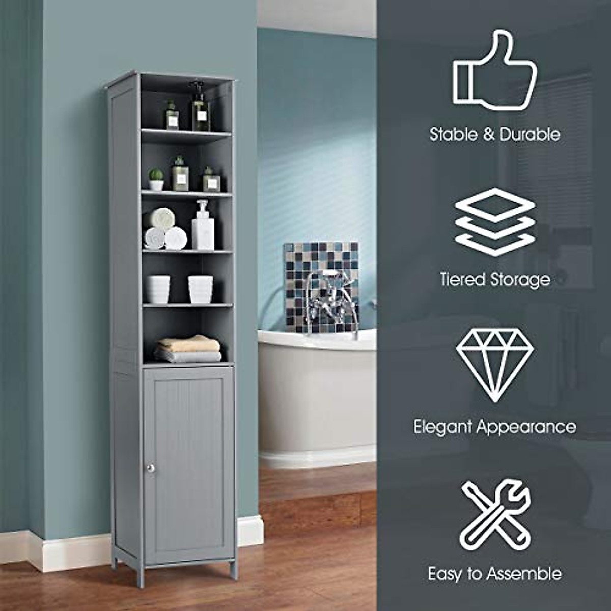 Tangkula 72 Inches Tall Cabinet, Bathroom Free Standing Tower Cabinet with Adjustable Shelves & Cupboard with Door Space Saving Cabinet Organizer Home Storage Furniture (Gray)