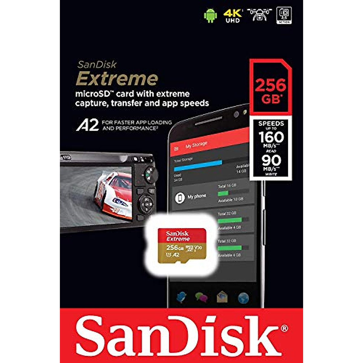 SanDisk 256GB Extreme MicroSDXC UHS-I Memory Card for DJI Mini 3 Pro Also Works with DJI Mini 3 and DJI RC (SDSQXA1-256G-GN6MN) U3 A2 Bundle with (1) Everything But Stromboli Micro SD Card Reader