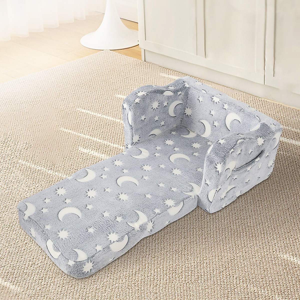 Snowmini Kids &Toddler Couch,Kids Sofa Couch Fold Out,Toddler Chair for Kid 2 in 1,Convertible Sofa to Lounger for Playroom,Baby Couch with Glowing at Night,Grey