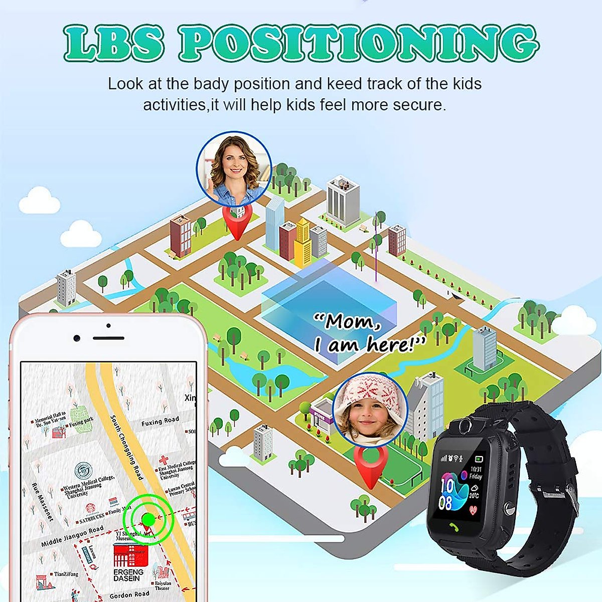 Kids Smart Watch, IP67 Waterproof LBS Positioning Watch HD Touch Screen, with SOS Two-Way Call Clock Camera SIM Card Slot Compatible with iOS and Android（Black）