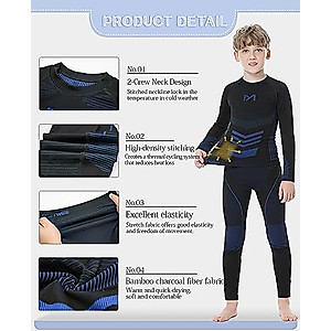 MeetHoo Children's Thermal Underwear Set, Breathable and Skin-friendly Sports Underwear, Bamboo Charcoal Underwear Base Layer Winter Ski Hunting Gear for Boys Cold Weather XS-L