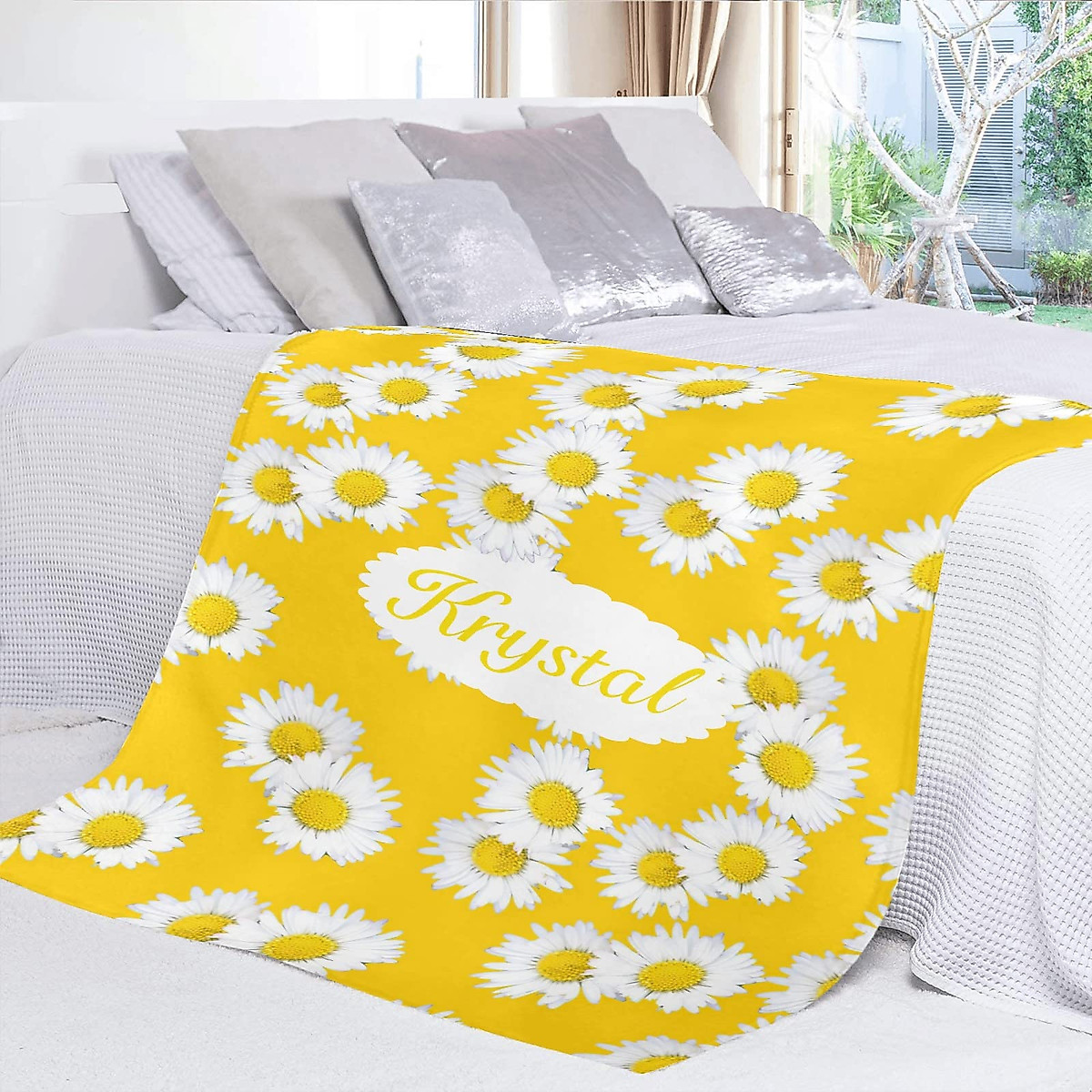 XOZOTY Personalized Yellow Daisies Baby Blanket with Name Text Custom Newborns Infants Swaddling Blankets for Boys &Girls Shower Birthday Gift 30 X 40 inches