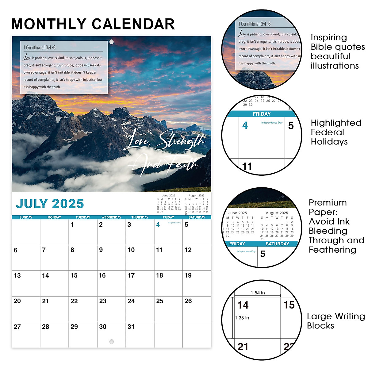 2025 Wall Calendar - Bible Verse Wall Calendar 2025, January 2025 - December 2025, 17" x 11" (Open), Hanging Hook, Blocks and Holidays - Nature's Beauty with Inspiring Bible Quotes