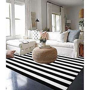 Ckorzen Cotton Black and White Striped Rug 8x10 Reversible Hand-Woven Washable Retro Lattice Striped Outdoor Rugs Black and White Area Rug for Kitchen, Dining Room, Bedroom, Living Room