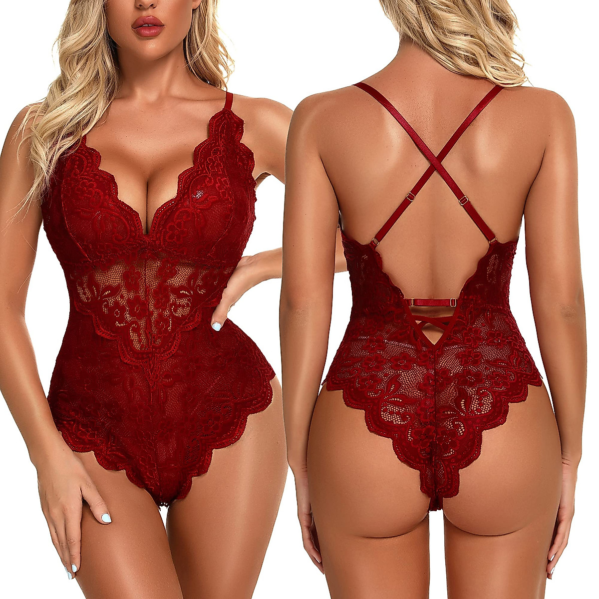 Namifin Women Sexy Lingerie Set Sheer Mesh Lace Bodysuit Snap Crotch Teddy Corset Lingerie Top Wine Red XX-Large